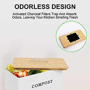 Gdfjiy Compost Bin Kitchen, Indoor Compost Bucket, Rectangle Compost Bin with Wooden Lid, 2 Gallon Capacity for Home Compost Tumbler, Kitchen Waste Garbage Can, Includes 4 Charcoal Filters (White)