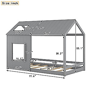 VilroCaz Playhouse Design Montessori Floor Bed Twin Size Kids Bed, Wood House Bed Tent Bed Platform Bed with Roof and Window for Kids Girls Boys, Strong Sturdy Wood Slats Support