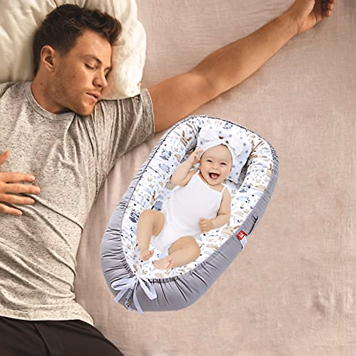 Vohunt Baby Lounger for Newborn,100% Cotton Co-Sleeper for Baby in Bed with Handles,Soft Newborn Lounger Adjustable Size & Strong Zipper Lengthen Space to 3 Tears Old(Grey Owl)