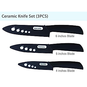 WACOOL Ceramic Knife Set 3-Piece (Includes 6-inch Chef's Knife, 5-inch Utility Knife and 4-inch Fruit Paring Knife), with 3 Knife Sheaths for Each Blade (Black Hand 2022)