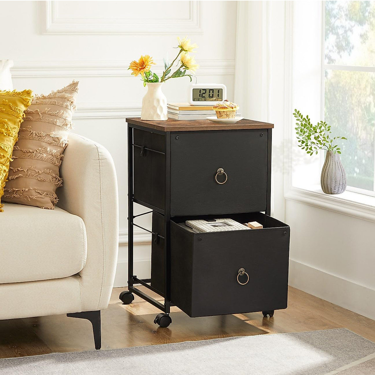 HOOBRO 2 Drawer Mobile File Cabinet, Rolling Printer Stand, Vertical Filing Cabinet, Office Cabinet, Filing Cabinet for Home Office, A4/Letter Size, Nonwovens Drawer, Black and Rustic Brown BFK20WJ01