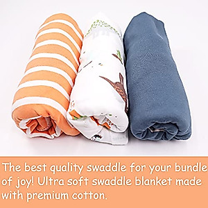 Hooyax Swaddle Blanket for Baby Boys and Girls, Cotton Swaddle Wrap Adjustable Sleep Sack for Newborn Baby, 3 Pack, Navy+Orange Stripe+Dinosaurs Small(0-3 Month)