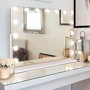MISAVANITY Large Vanity Makeup Mirror with Lights 23"X18" Lighted Hollywood Mirror with 10X Magnification and USB Charger for Bedroom Dressing Room Tabletop 15 Dimmable LED Lights 360 Degree Rotating