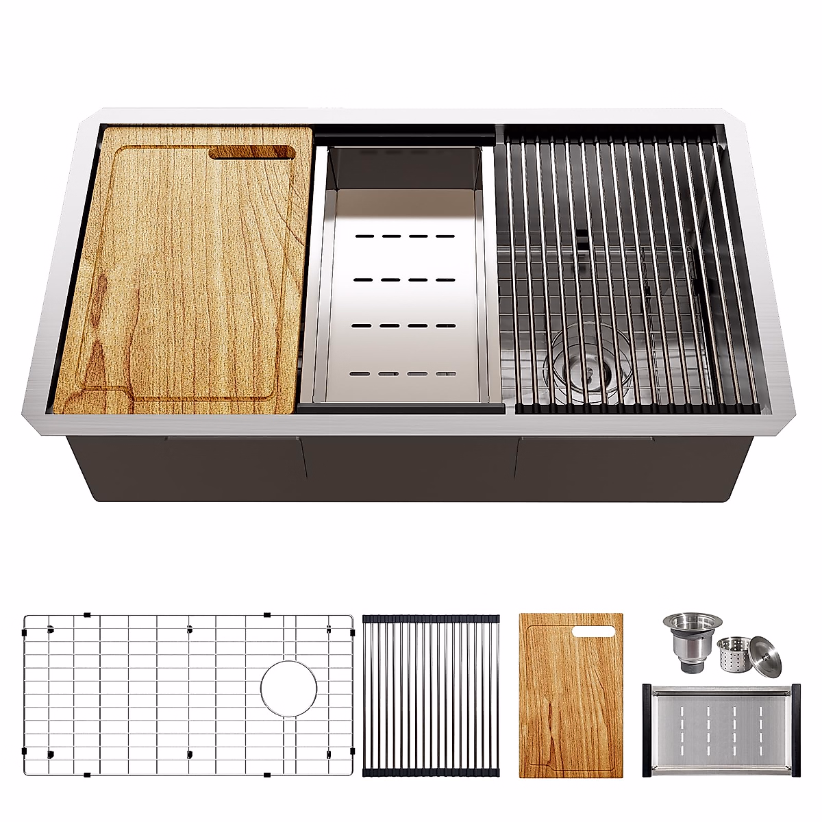 TECASA 32 inch Workstation Kitchen Sink, Undermount Deep Single Bowl, Stainless Steel with Integrated Ledge and Accessories (Pack of 5), World-class Manufacturing Standard (32" x 18" x 10")