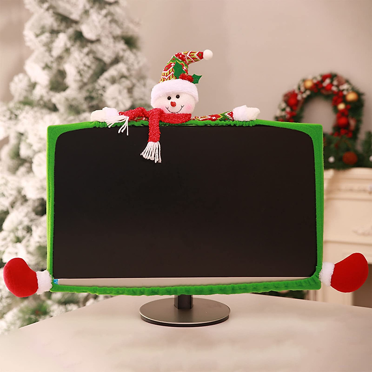 HKEJIAOI Christmas Computer Monitor Decor Indoor Home Office Decoration, Holiday Party Ornament Cute Laptop Border Cover 10 x 24 inch