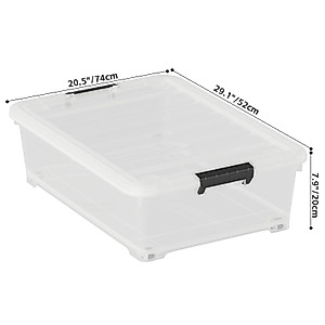 Ponpong 52 Quart Large Plastic Underbed Latching Storage Box, Clear Wheeled Under Bed Storage Bins, 3 Packs