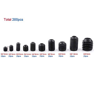 Screw Cup Assortment, Alloy Steel Hex Socket Head Grub Set Screw Cup Point Assortment Kit Insert Tools M3/M4/M5/M6/M8 200pcs with Box