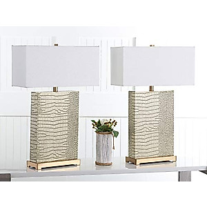 SAFAVIEH Lighting Collection Joyce Modern Art Deco Cream Faux Snakeskin Rectangle Shade 28-inch Bedroom Living Room Home Office Desk Nightstand Table Lamp Set of 2 (LED Bulbs Included)