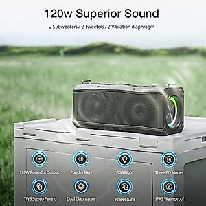 BlitzMax WA3 PRO 120W 360° Surround Stereo TWS Portable Wireless Bluetooth 5.0 Mini Speaker with Microphone,Waterproof,4 RGB Light,3 EQ Modes,Power Bank,DSP Technology,Outdoor Travel Party,AUX TF USB