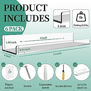 BTSD-home 6 Pack 15'' Clear Acrylic Shelves for Wall, Acrylic Wall Shelves Invisible Mounted Display Ledge Kids Bookshelf for Bathroom, Living Room, Bedroom, Kitchen, Study
