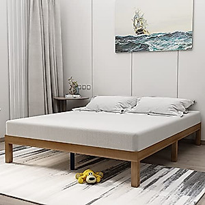 JULYFOX Rubber Wood Bed Frame Queen Size, 12 inch Solid Wood Platform Bed Queen Size 650 lbs Heavy Duty No Headboard No Box Spring Needed,(Natural,Queen Size)