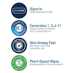 CeraVe Hydrating Facial Cleansing Makeup Remover Wipes| Plant Based Face Wipes| Biodegradable in Home Compost| Face Wash Cloth| Suitable for Sensitive Skin| Fragrance-free Non-comedogenic| 25 Count