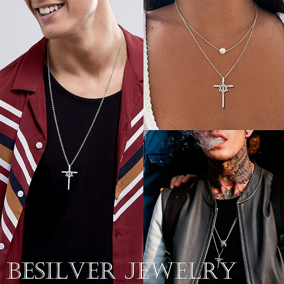 Star Of David Necklace for Women Men 925 Sterling Silver Jeweish Star Necklace Magen David Necklace Star of David Charm Cross Pendant Necklace Jewish Jewelry for Womens Chrismtas Gifts FP0110W