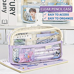 etnoreun Kawaii Cute Clear Pencil Case with Free Stickers Pen Pouch Spacious Multiple Compartments (Pink)