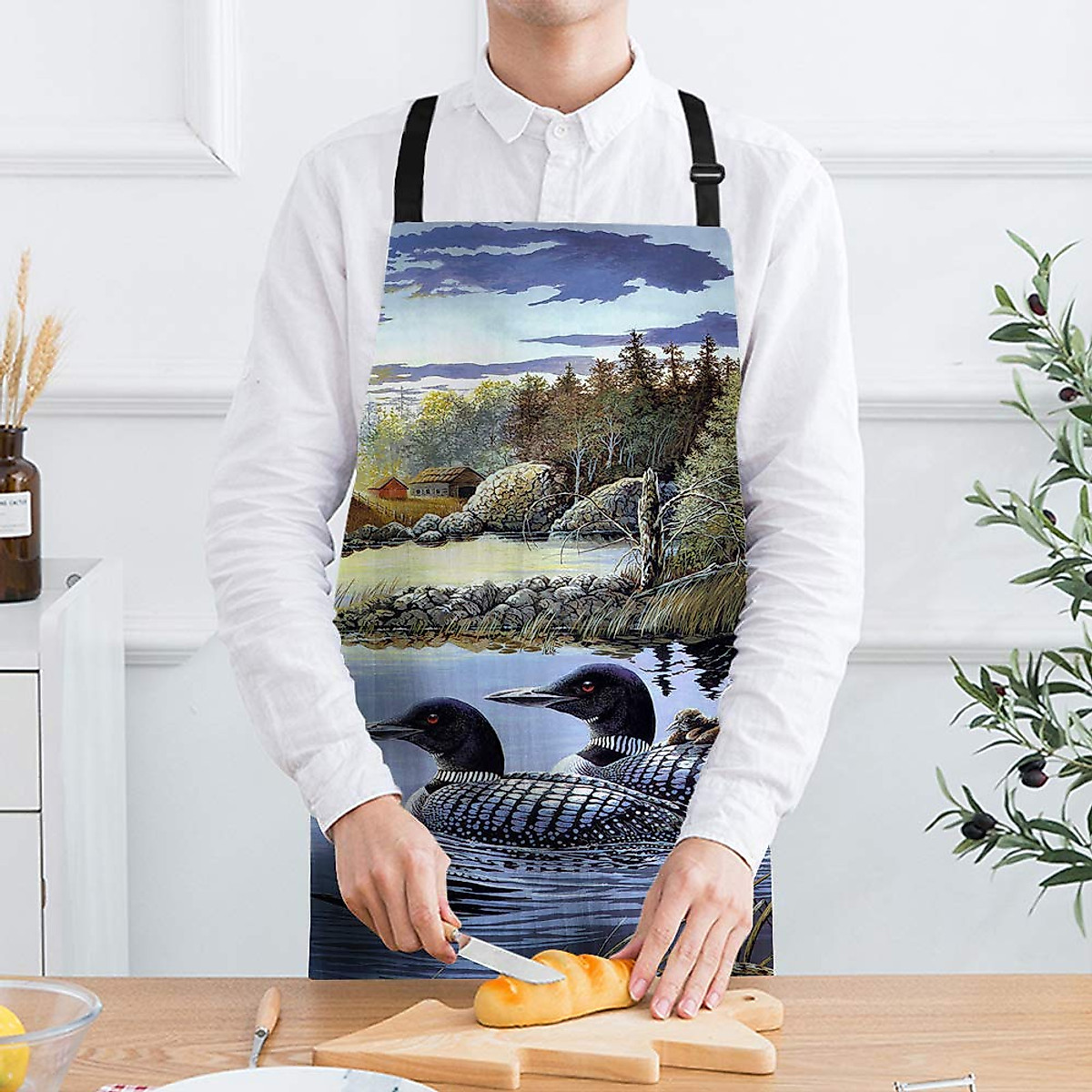 SSOIU Duck Cooking Apron, Art Desgin Loon Lake Wild Duck Couple Kitchen Apron For Baking/BBQ Men Women Unisex Waterproof 31X27 Inches