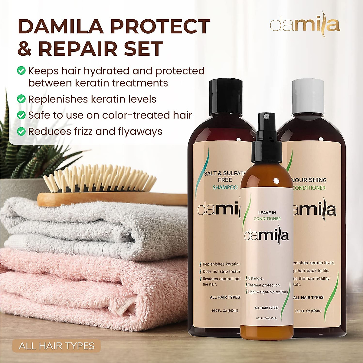 Damila Salt and Sulfate Free Shampoo & Conditioner, 16.9 fl oz & Leave In Conditioner, 8.11 fl oz Bundle
