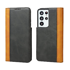 JWS-C Samsung Galaxy S21 Ultra Wallet Case with Card Holder Slots Luxury Flip Leather Cover for Samsung Galaxy S21 Ultra 6.8 inch-Black Yellow Samsung S21 UItra5G Samsung s21 Ultra