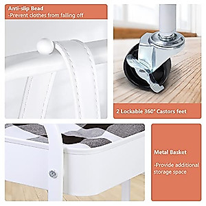 HIDODO White Clothing Rack, Portable Garment Rack Rolling Clothes Organizer with 2 Tier Metal Baskets, Laundry Cart with Hanging Rack, Small Wardrobe Rack on Wheels for Bedroom, Laundry and Entryway