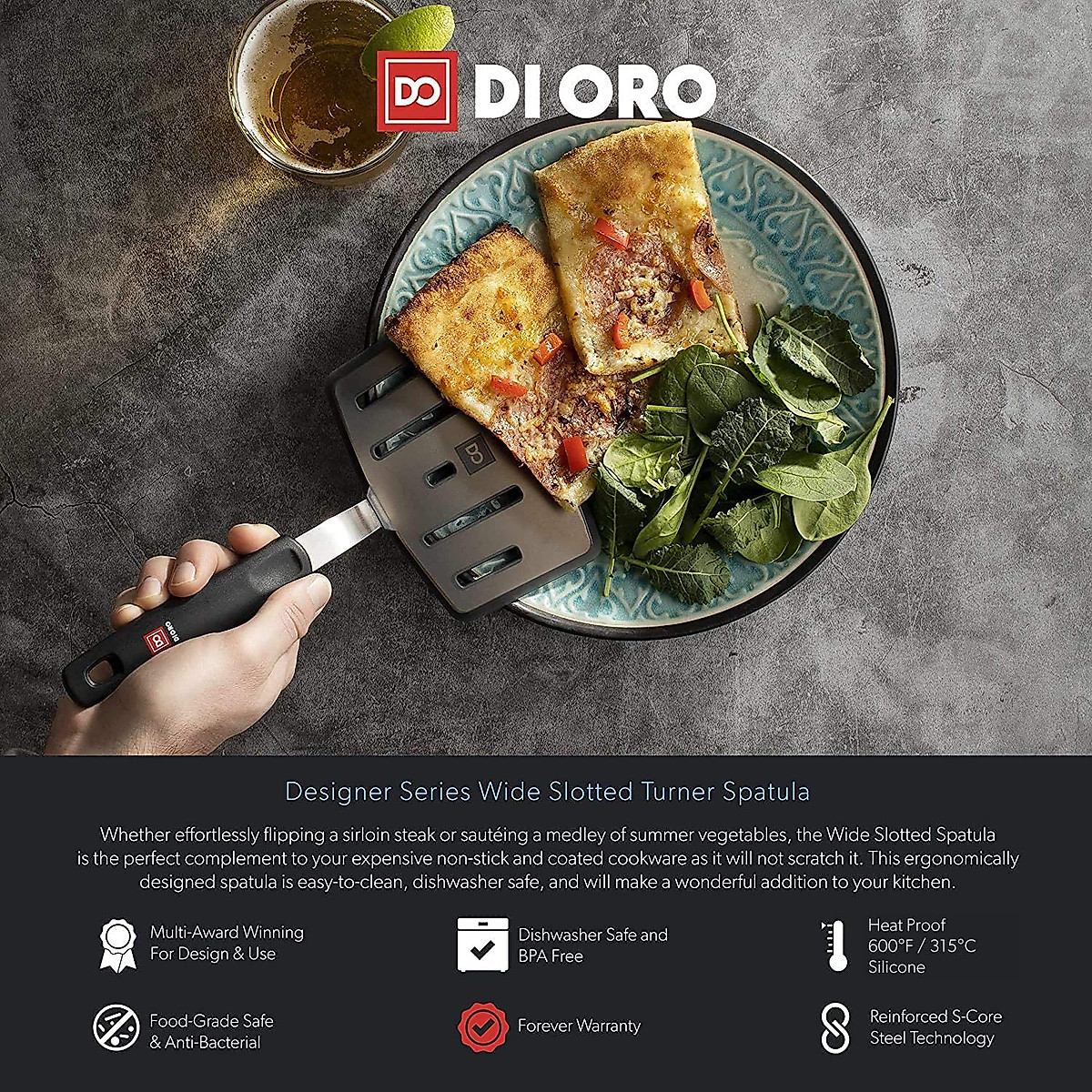 DI ORO Designer Series Wide Slotted Turner Spatula - Features 600F Heat-Resistant No-Melt Rubber Spatula Handle and Blade - Silicone Kitchen Spatula for Cooking or Baking - Dishwasher Safe
