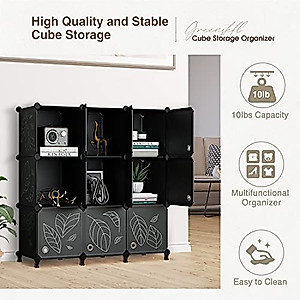 GREENSTELL Cube Storage Organizer, 9-Cube Closet Organizer with Doors, DIY Plastic Storage Cubes Organizer, Modular Storage Cabinet Book Shelf Shelving for Bedroom, Living Room, Office Black