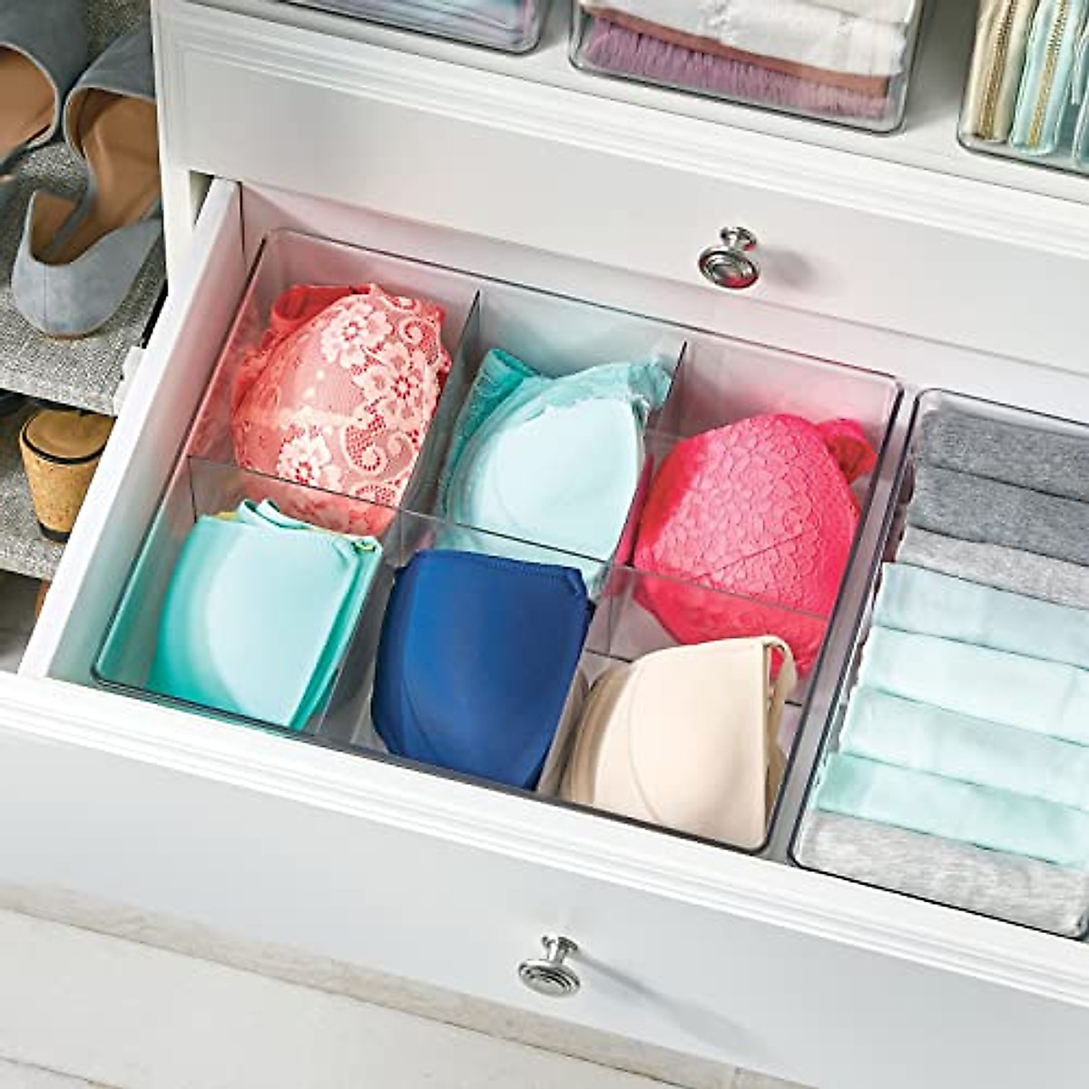 mDesign Plastic 6 Compartment Dresser Drawer Divided Organizer Bin for Scarves, Socks, Bras, Hair Ties, Belts, Underwear - Closet Shelf Storage Organization, Lumiere Collection, 2 Pack, Clear