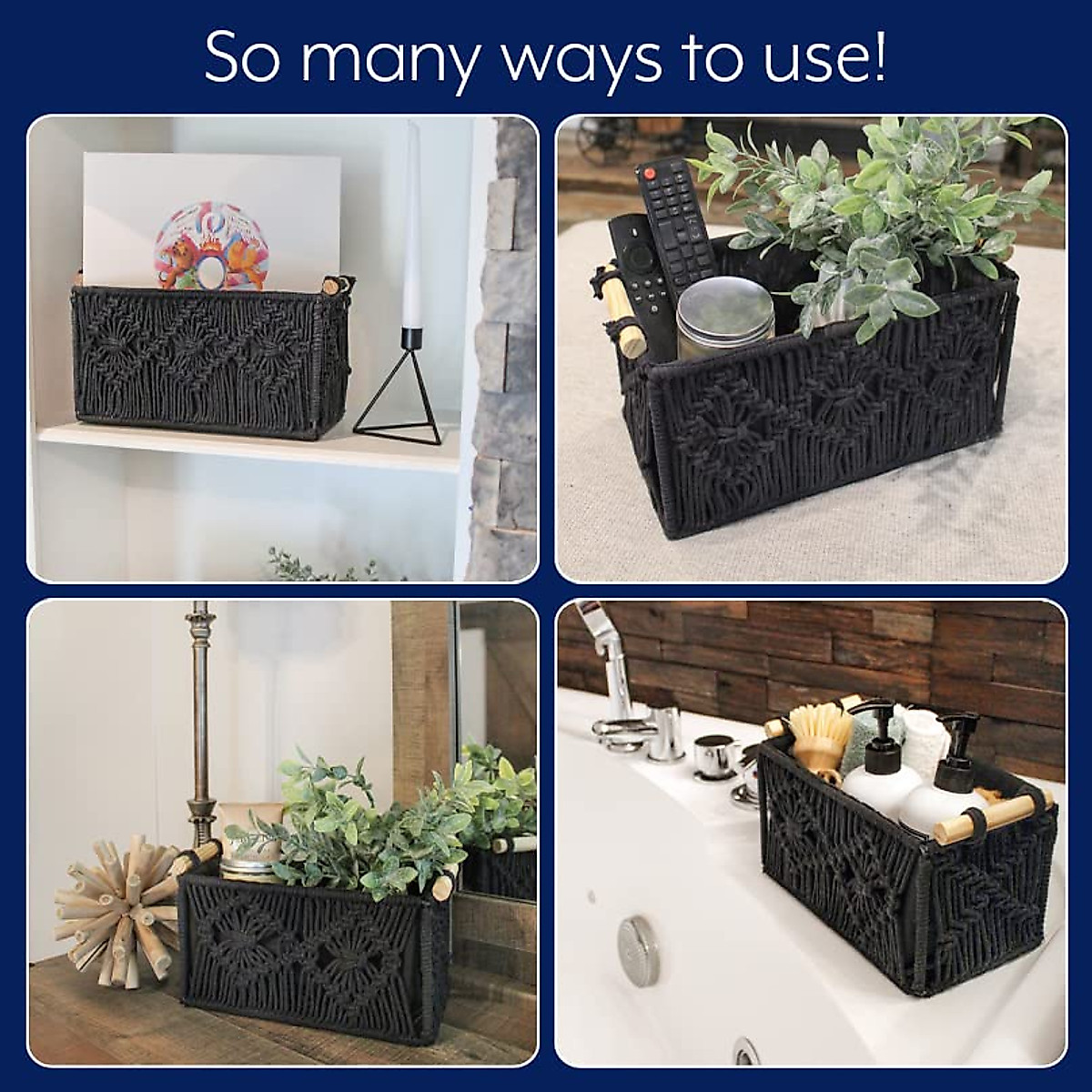 AuldHome Boho Farmhouse Macrame Baskets (Set of 2, Black); Decorative Storage Bins for Home and Office