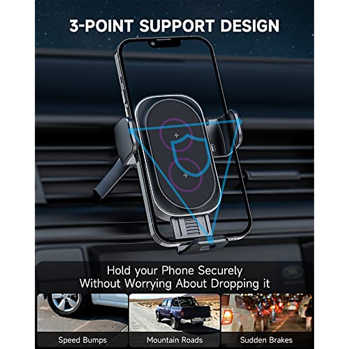 【Dual Coils & 2 Vent Mounts】 Wireless Car Charger, Casunit 15W Dual Coil Fast Charging Auto-Clamping Car Mount for iPhone 14 13 12 Pro Max Mini/Samsung Galaxy Z Flip 4 (Black)