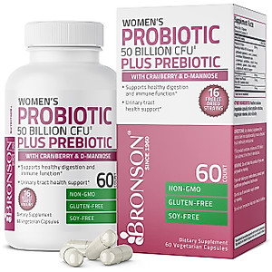 Bronson Women's Probiotic 50 Billion CFU + Prebiotic with Cranberry & D-Mannose – Vaginal Health, Healthy Digestion, Immune Function and Urinary Tract Support, Non-GMO, 60 Vegetarian Capsules