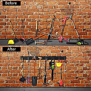 Garage Tool Organizer Wall Mount, 11 PCS Garden Tool Rack Garage Storage, 8 Heavy Duty Adjustable Hooks Steel and 3 Rails Aluminum, 450 LBS Max Load
