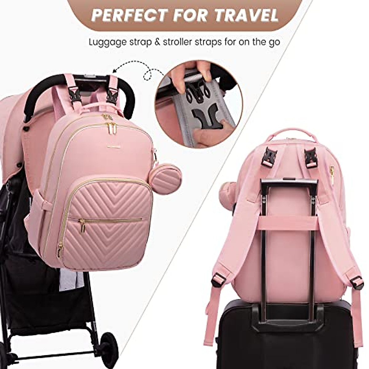 LOVEVOOK Diaper Bag Backpack, Quilted Baby Bag with Changing Pad & Pacifier Holder, Waterproof Travel Diaper Bags with USB Charging Port for Baby Boys Girls, Stylish and Large Capacity,Pink