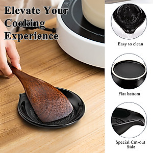 HONEZUEN Kitchen Black Spoon Rest for Stove Top, Round Large Ceramic Spoon Holder for Kitchen Counter, Rustic Farmhouse Utensil Rest for Spatula, Ladle, Spoons or Tongs, Dishwasher Safe