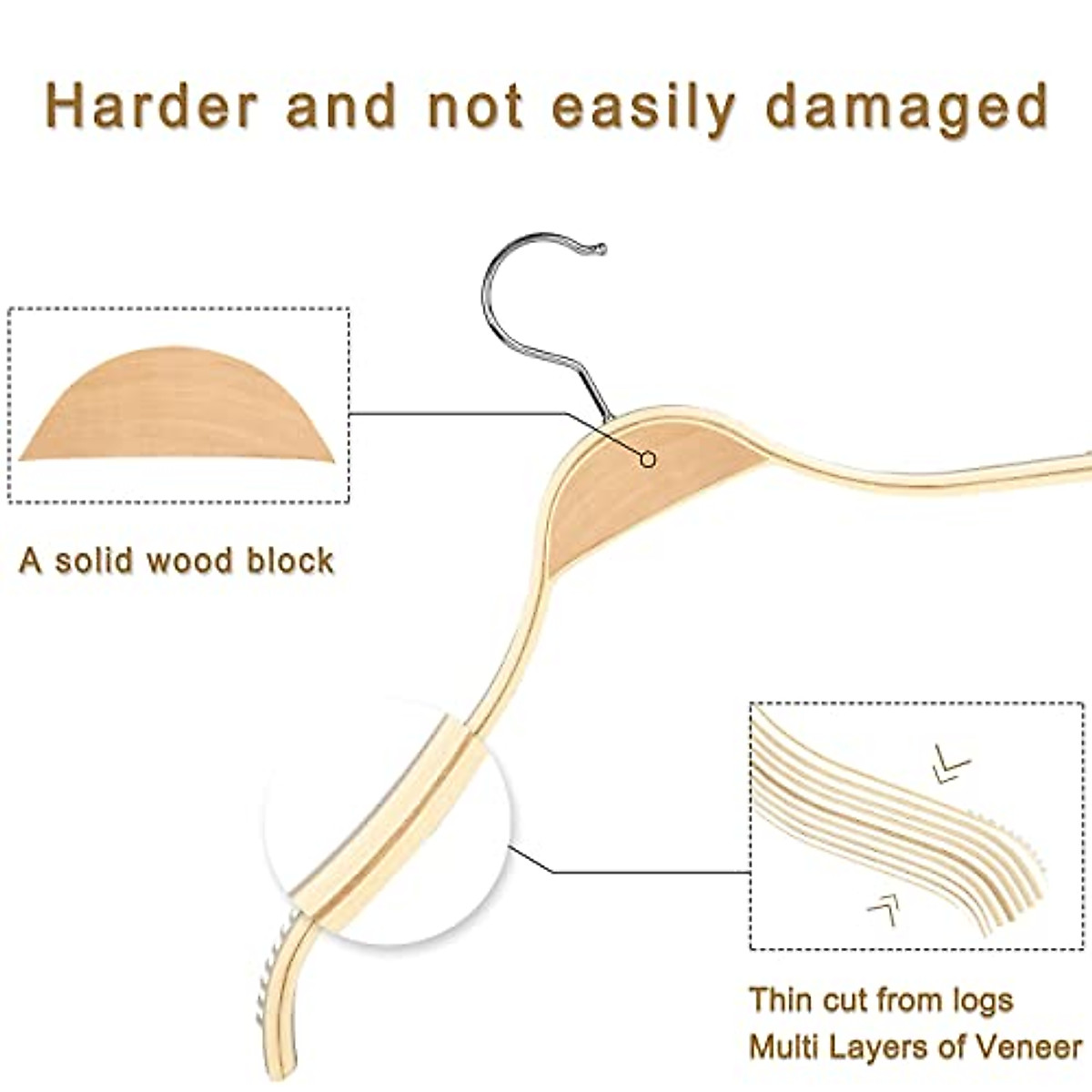 TOPIA HANGER Slim Natural Wood Hangers with Extra Soft Non-Slip Rubber Grips, 10-Pack High-Grade Fashion Hanger No Shoulder Bump for Sweater, Camisole, Jacket, Dress, Coat -CT15N