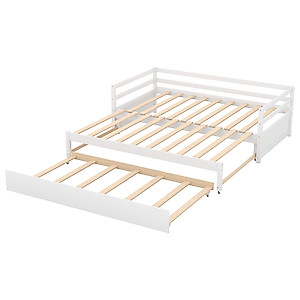 LUSPAZ Twin to Double Twin Daybed with Trundle Platform and Headboard for 3 People, White
