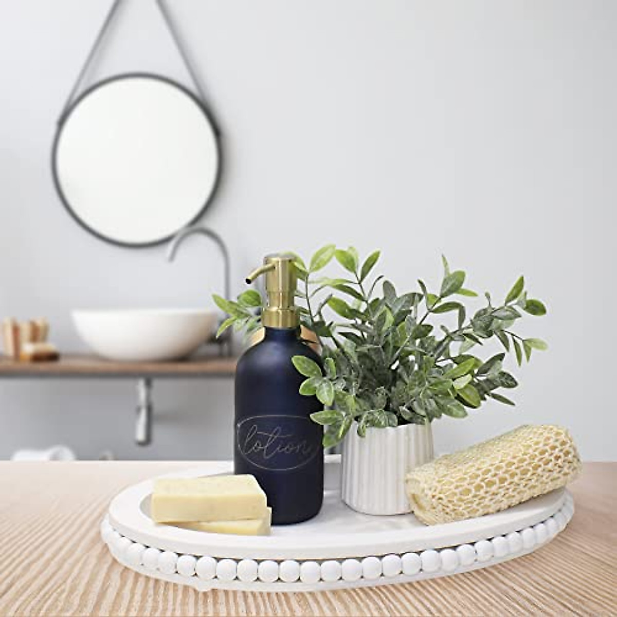 AuldHome Wood Beaded Tray (White), Decorative Farmhouse Style Oval Wooden Tray