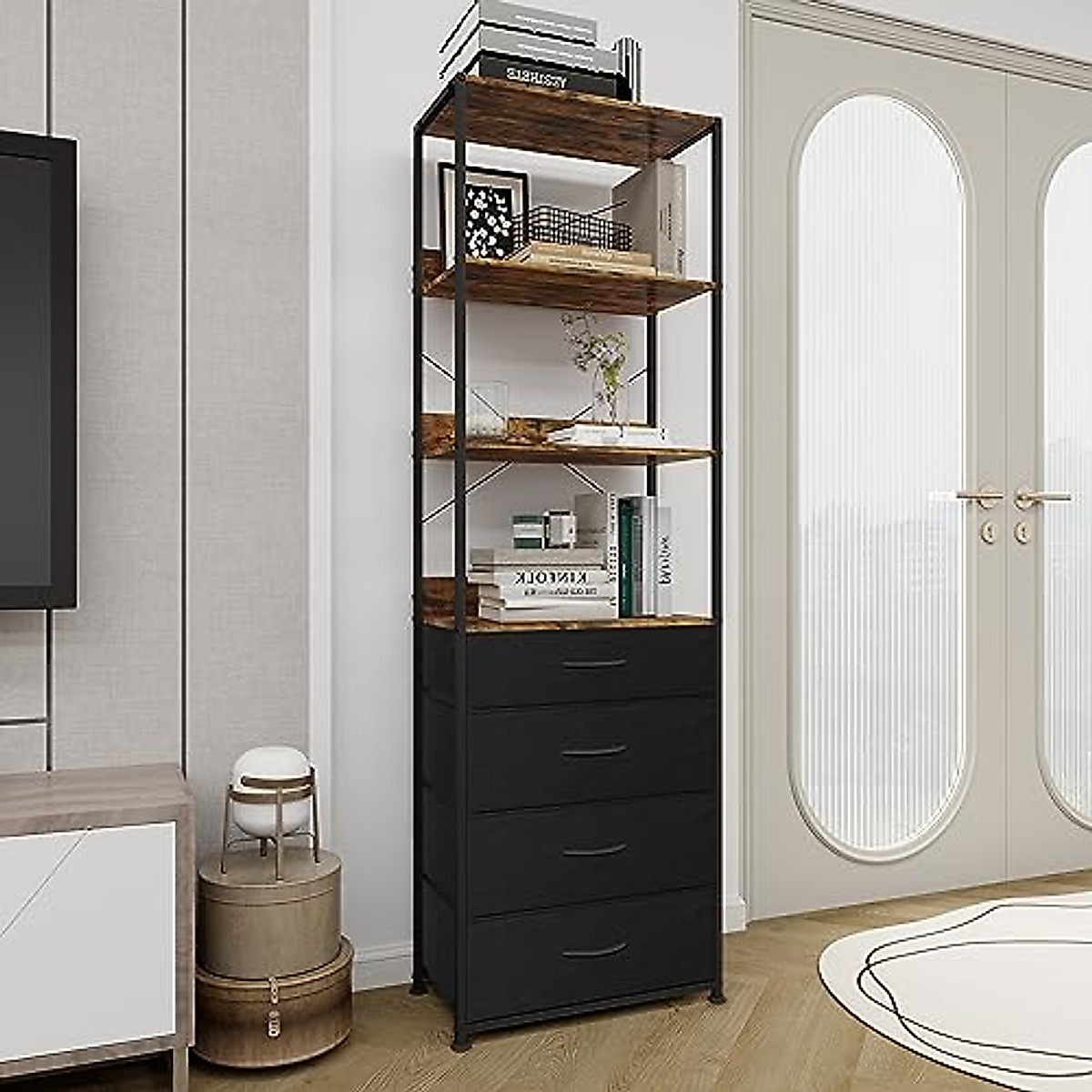 VASICAR 4-Tier Tall Bookshelf with 4 Drawers, Multifunctional Open Bookcase, Storage Shelf Dresser for Living Room, Office, Bedroom, Kitchen, Free Drawer Divider (Black)