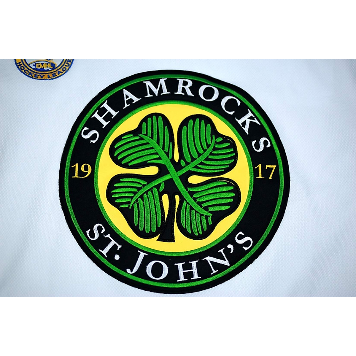 Ross The BOSS Rhea ST John's Shamrocks Hockey Jersey with EMHL Patch Stitch (38, White)