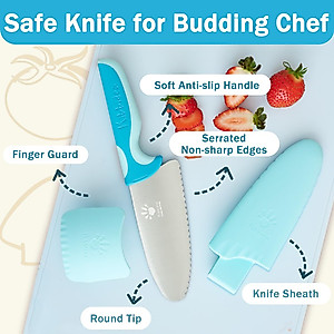 Kids Knife for Real Cooking, Montessori Children's Knife with Firm Grip, Stainless Steel Kids Safety Chef Knife with Finger Guard, Round Tip, Serrated Edges, BPA-Free (Blue)