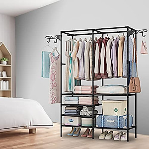 KOCASO Clothes Rack, Clothing Garment Rack, Metal Clothing Rack, Freestanding Wardrobe Closet Rack with 4 Shelves, Closet Organizer with 2 Hanging Rods Black 42.1"x14"x66.1"