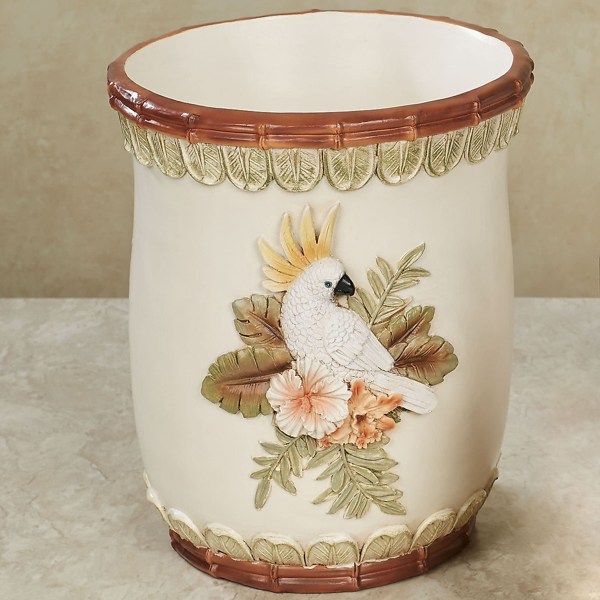 Garden Tropics Wastebasket | Cockatoo and Toucan Bird Designs | Tropical Style Trash Can for Bathroom | Dimensional Accessory
