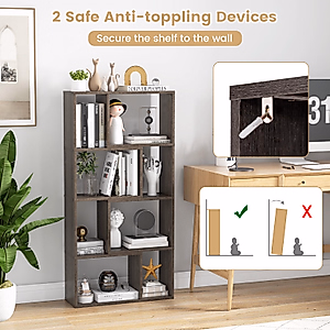 Tangkula 5 Tier Geometric Bookshelf, 48”H Freestanding 8-Cube Open Bookcase, Wooden Storage Display Shelf, 2 Anti-Toppling Devices, 8 Cubes Home Office Decor Room Divider for Living Room (1, Gray)