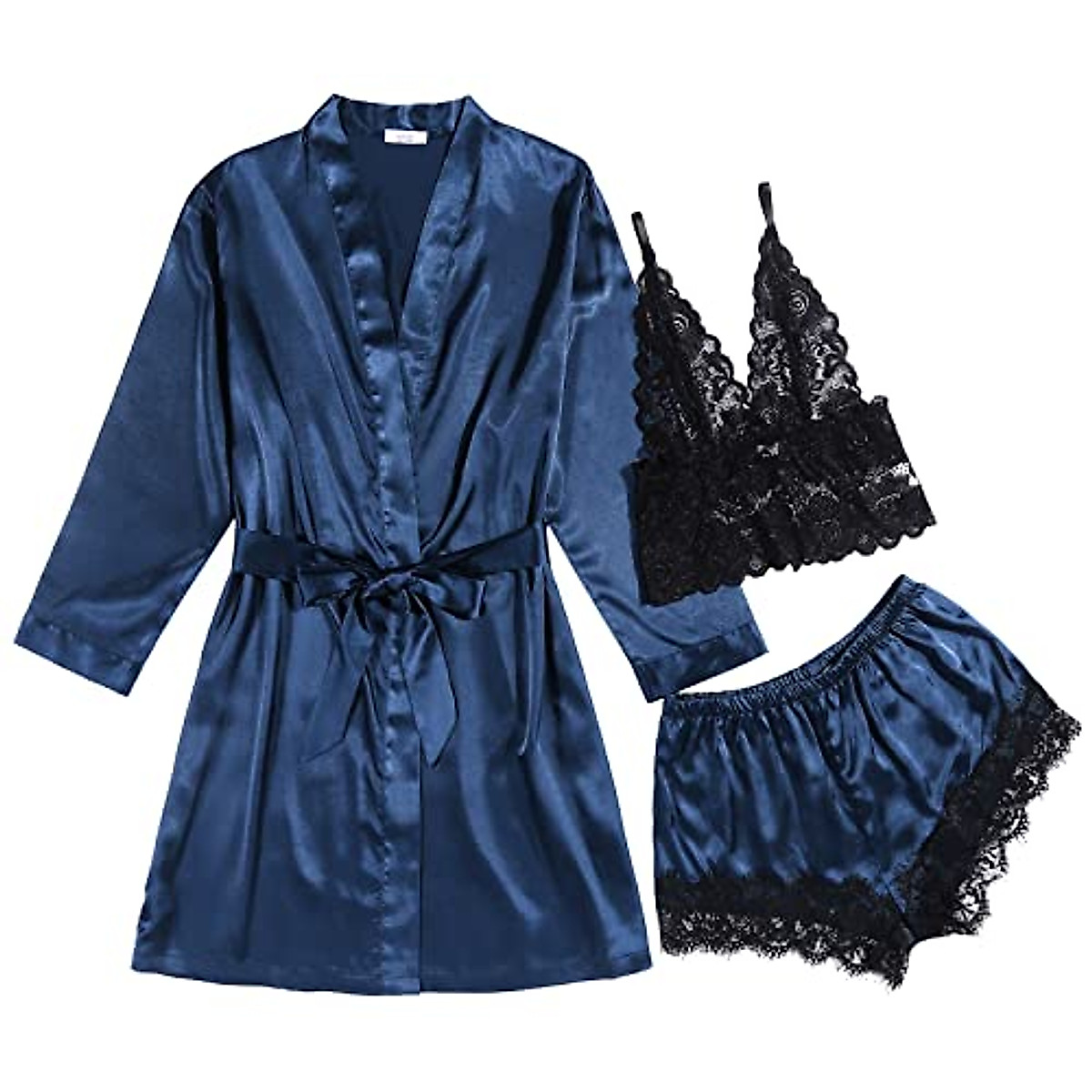 eshion Women's Satin Pajama Set 3 Pcs Silk Robe Set Sexy Lace Trim Cami Pjs Set with Shorts(Navy,Medium)