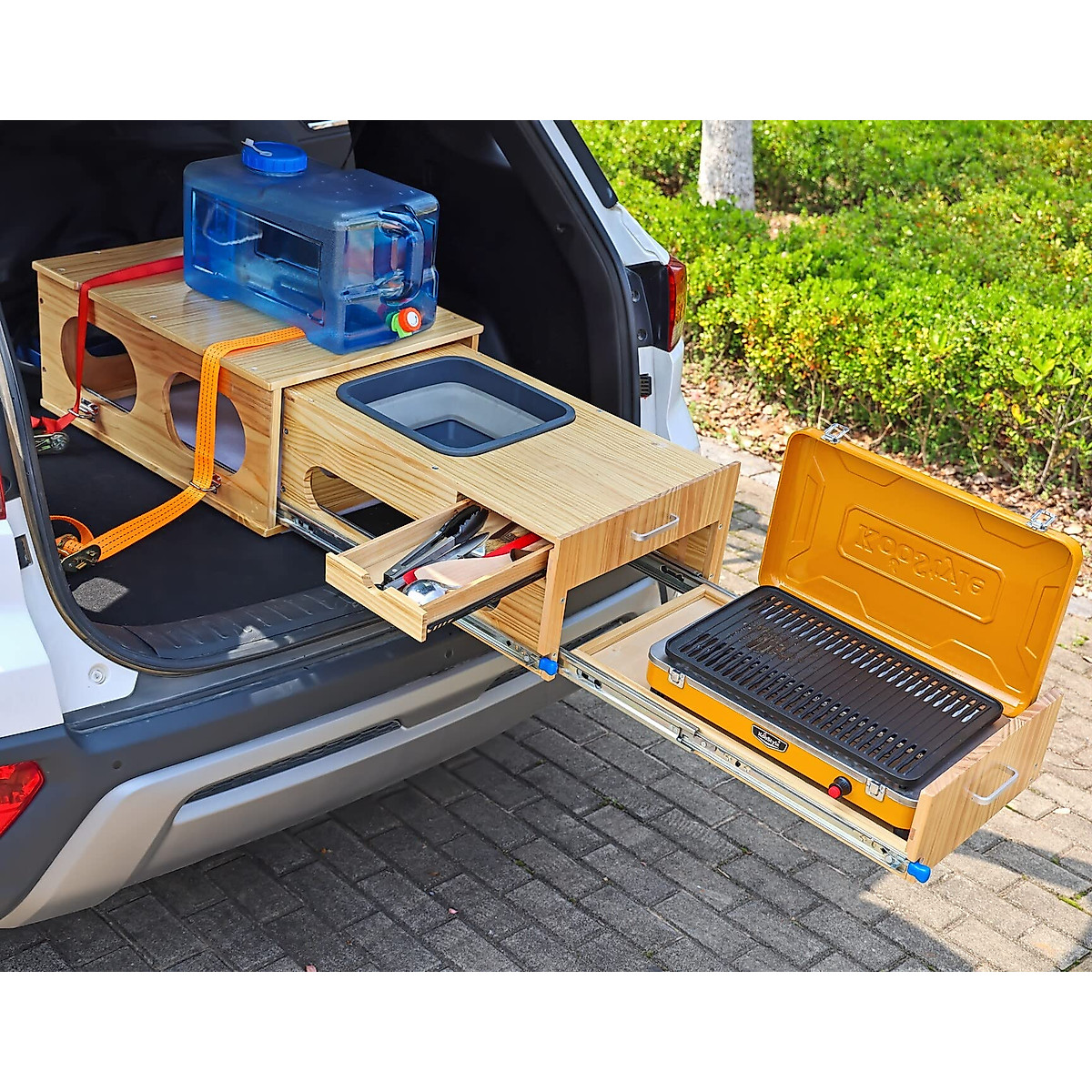 SHIWAGIN Overland Kitchen, Vehicle Camping Table with Drawer, for SUV/Trunk Bed/Storage, for up to 2 Burners Camp Stove, Folding, pullout, Pull Out