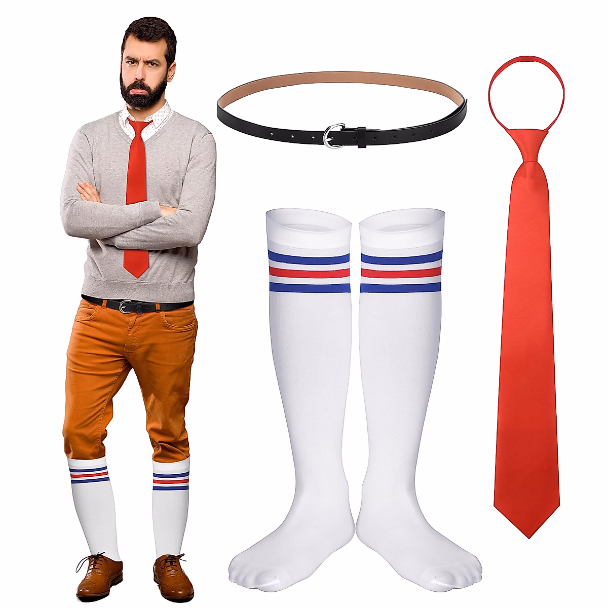 Xtinmee 3 Pcs Halloween Costume Set for Adult Men - Yellow Square Costume Accessories Set with Red Necktie, 3 Stripes Sports Soccer Team Socks, Black Belt for Sponge Cosplay