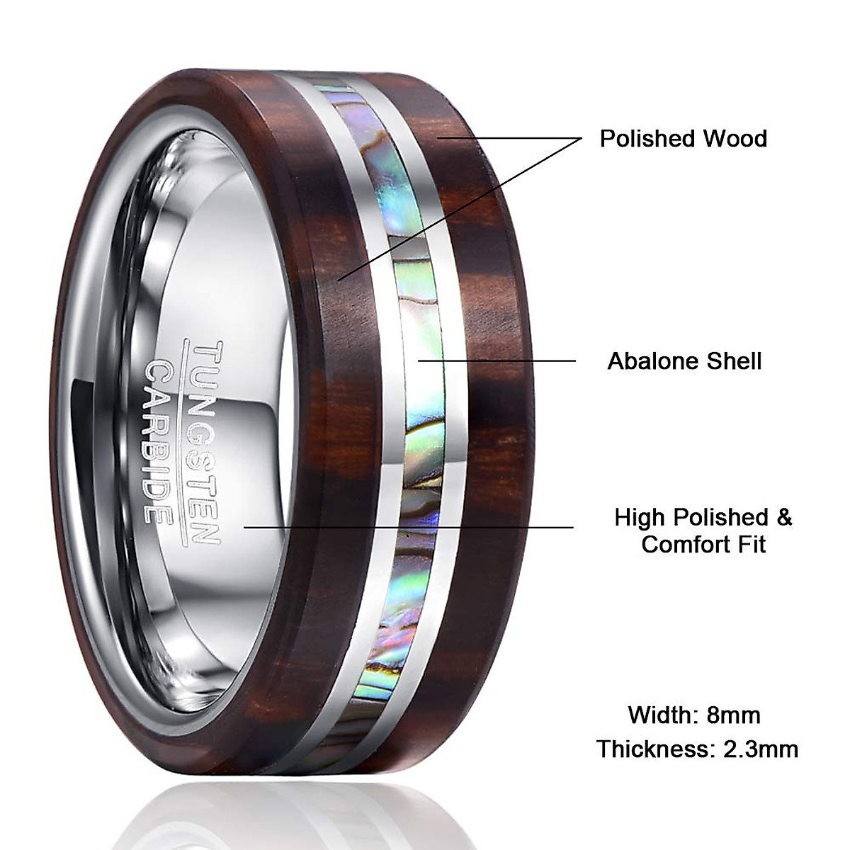 Vakki Unisex Tungsten Carbide Promise Rings for Him Wood and Abalone Shell Inlay Wedding Band Comfort Fit Size 10.5
