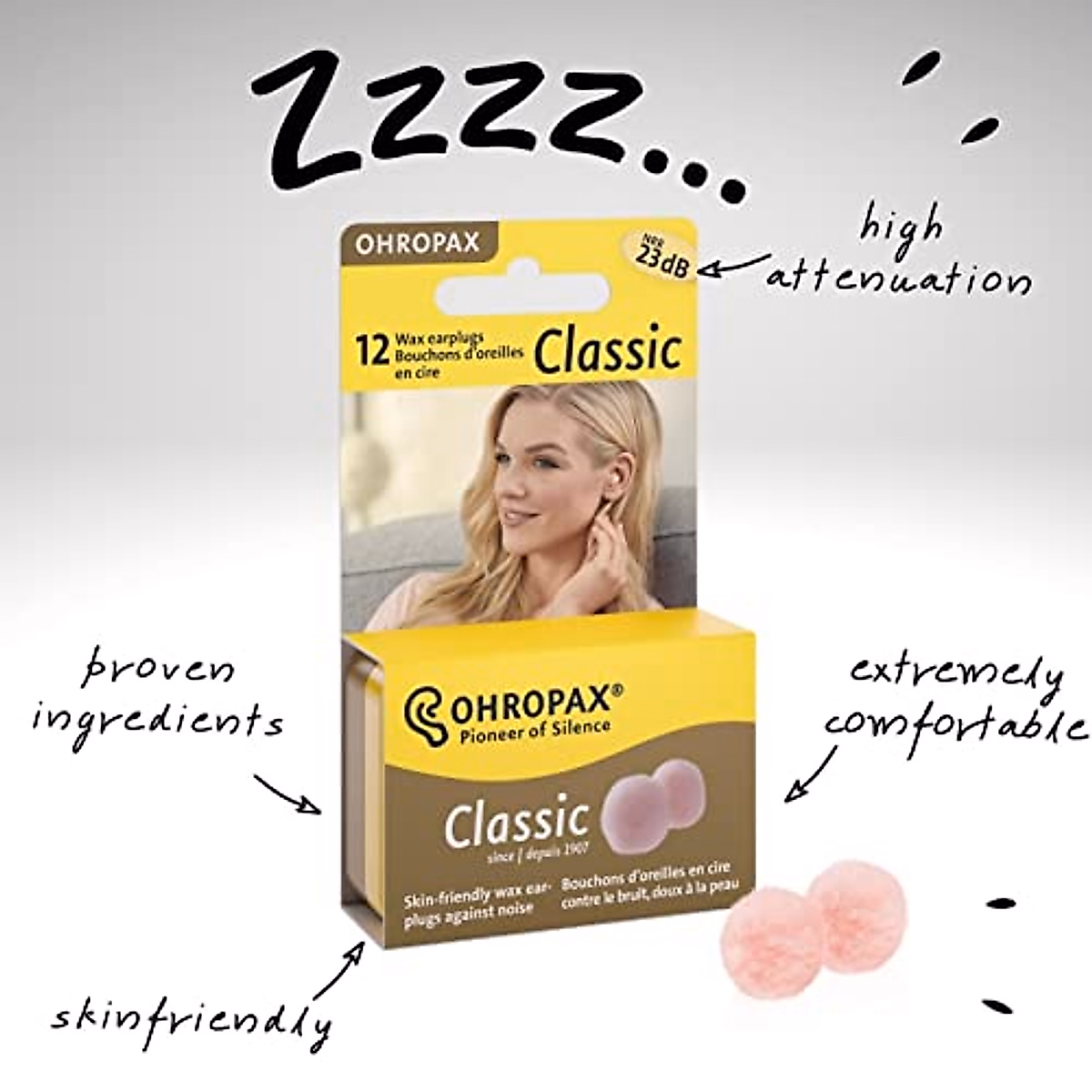 Ohropax Wax Ear Plugs Qty 3 Boxes - Total of 36 Ear Plugs with Free Yellow 6 Compartment Box