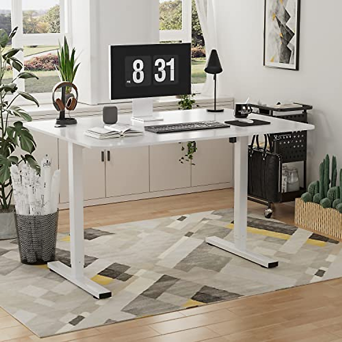 YESHOMY Height Adjustable Electric Standing Desk 48 inch Computer Table, Home Office Workstation, 48in, White Leg/White Top
