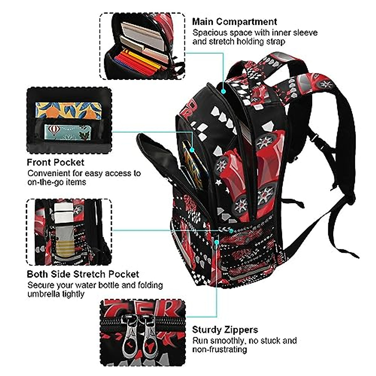 MFTJYO Cars Pattern Grunge Backpack Girls Boys School Book Bag Elementary Schoolbag Kids Bookbag College Travel Laptop Daypack Casual Rucksack with Reflective Strip