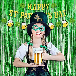 BRAVESHINE Green Glitter Tinsel Foil Fringe Curtains - 2 Pack 3.2 x 8.2 ft Metallic Photo Backdrop for St Patricks Day Tropical Hawaiian Jungle Safari Dinosaur Birthday Christmas Party Decorations