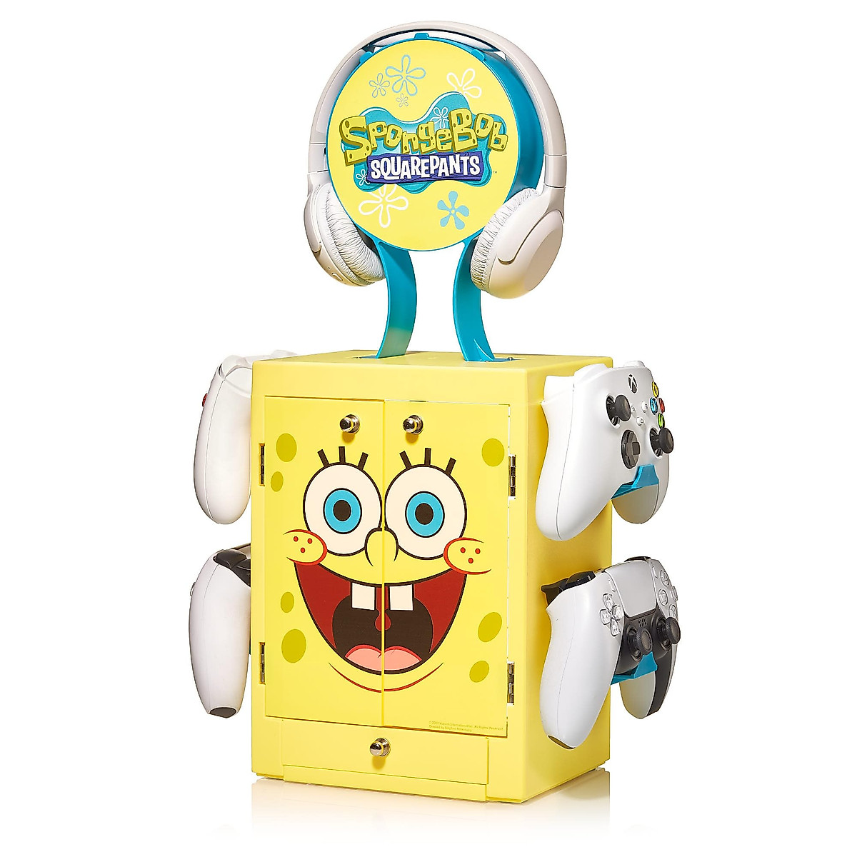 Numskull Official Spongebob Gaming Accessory Locker & Storage Stand – Holds 10 Games/DVDs, 4 Controllers, Headset, and Accessories – Durable & Compact Organizer – Official Spongebob Merchandise