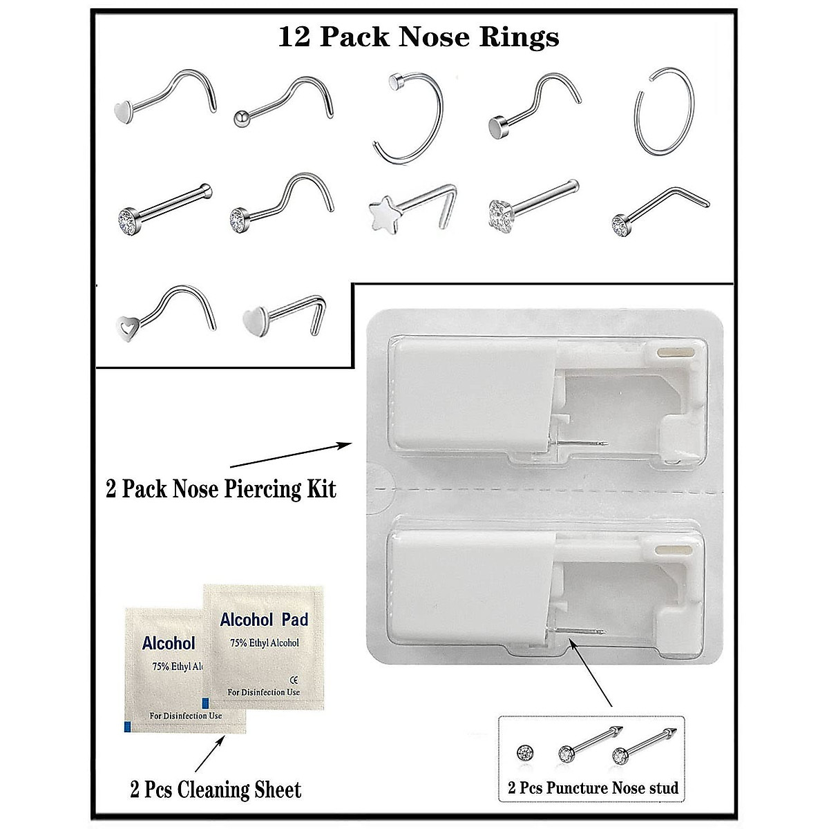 SLVIEKAE 18 Pcs Nose Piercing Kit, Disposable Nose Piercing Kit Self Nose Piercing Kit, at Home Nose Piercing Kit with L Shaped Stud (18 Pack)